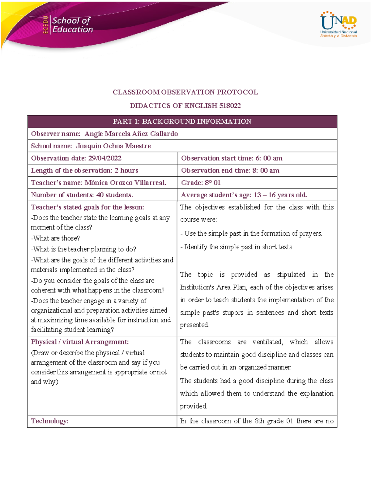 Classroom Observation Protocol 1 Angie Marcela Añez Gallardo 1003202468 ...