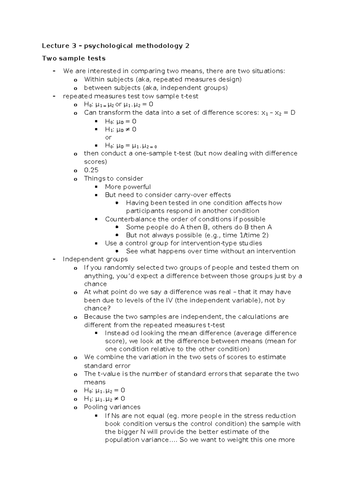 Lecture 3 notes - Lecture 3 – psychological methodology 2 Two sample ...