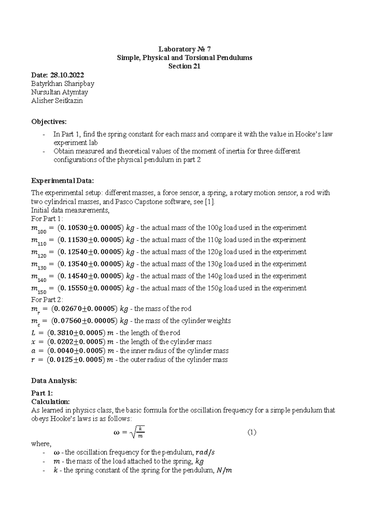 Phys Lab Report 7 Simple Physical and Torsional Pendulums pdf 193802 ...