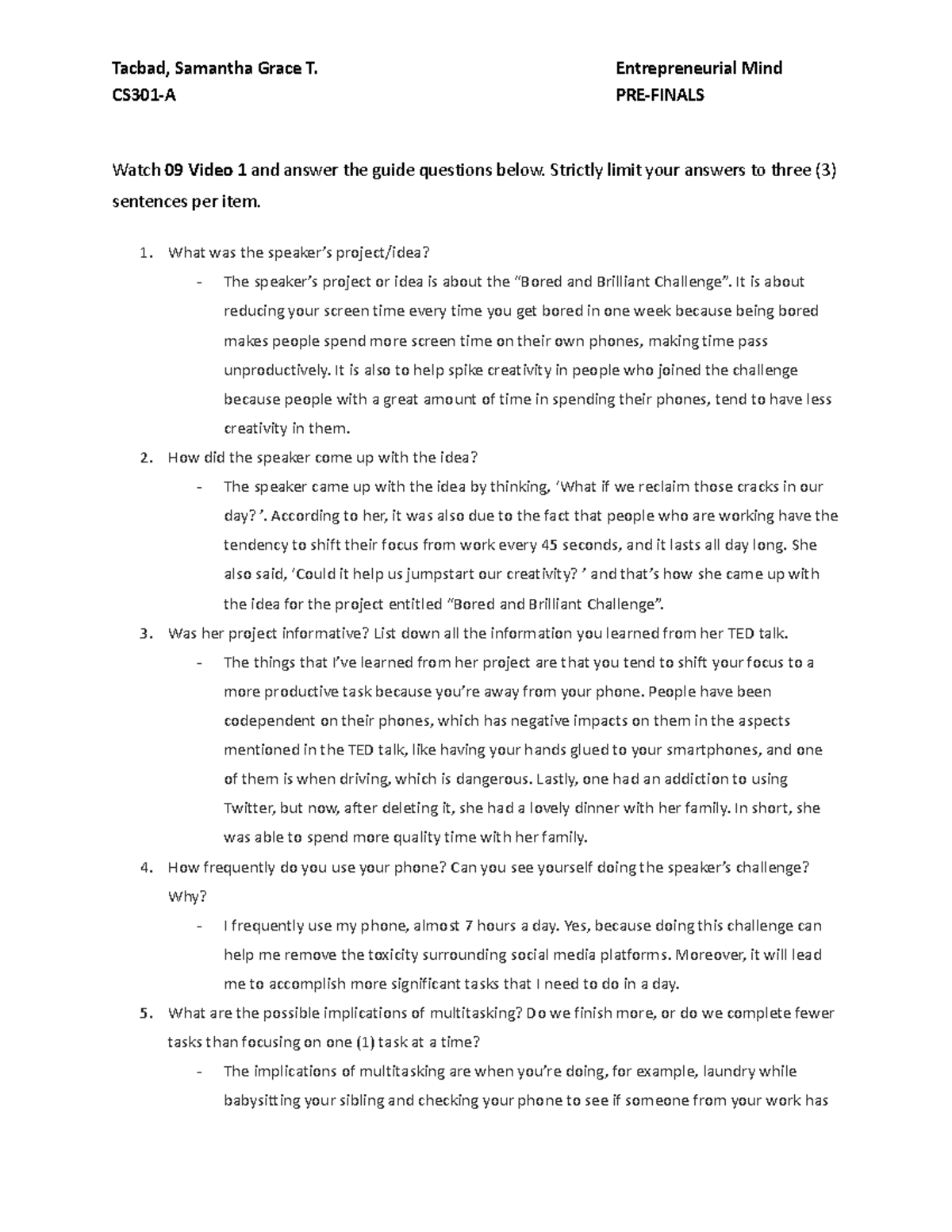 Tacbad 09 Review 1 Entrep MIND PRE- Finals - Tacbad, Samantha Grace T ...