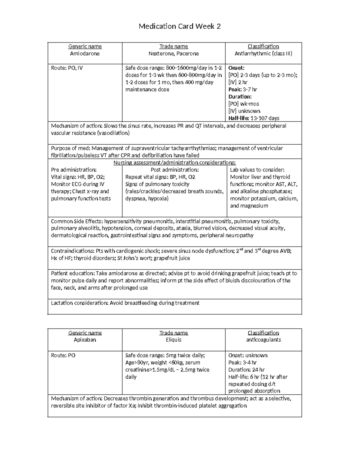 Medication Drug Week 2 - 6000 - Medication Card Week 2 Generic name ...