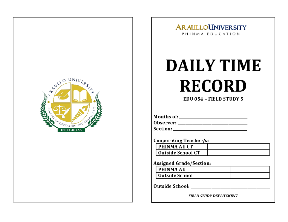 Daily-TIME- Record - DAILY TIME RECORD EDU 054 – FIELD STUDY 5 Months ...