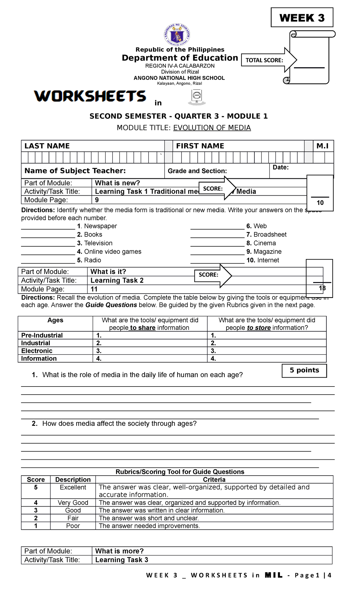 MIL Worksheets Weeks 3 2022 2023 - Republic of the Philippines ...