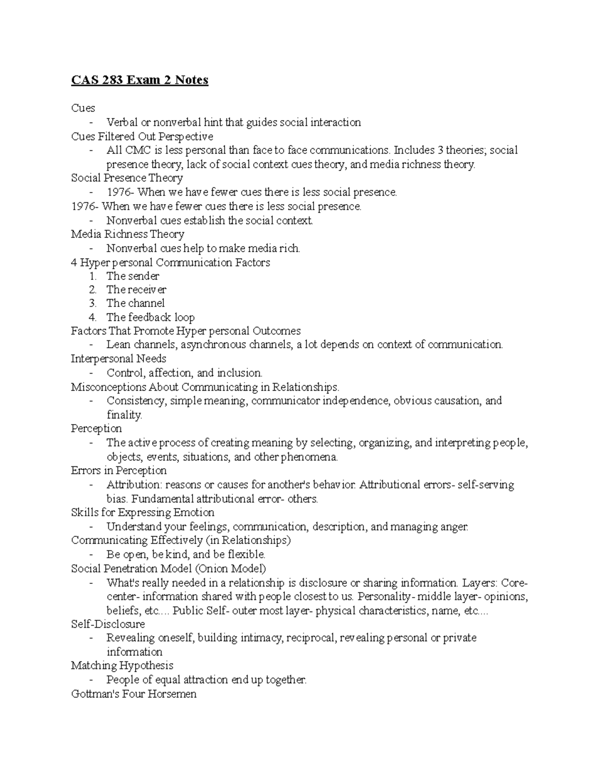 CAS 283 Exam 2 Notes - CAS 283 Exam 2 Notes Cues - Verbal or nonverbal ...