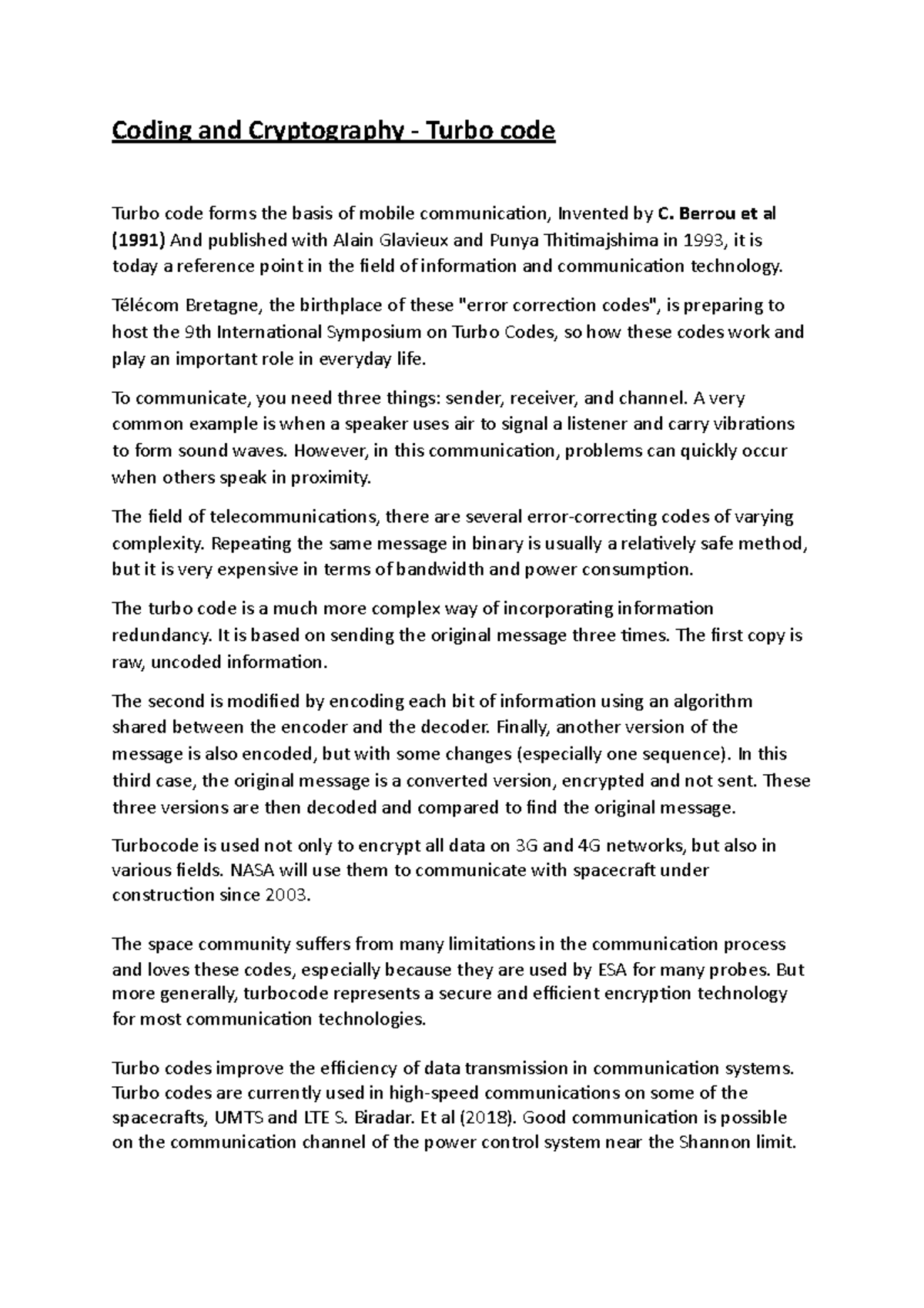 Coding and Cryptography - Turbo code - Berrou et al (1991) And published with Alain Glavieux and ...