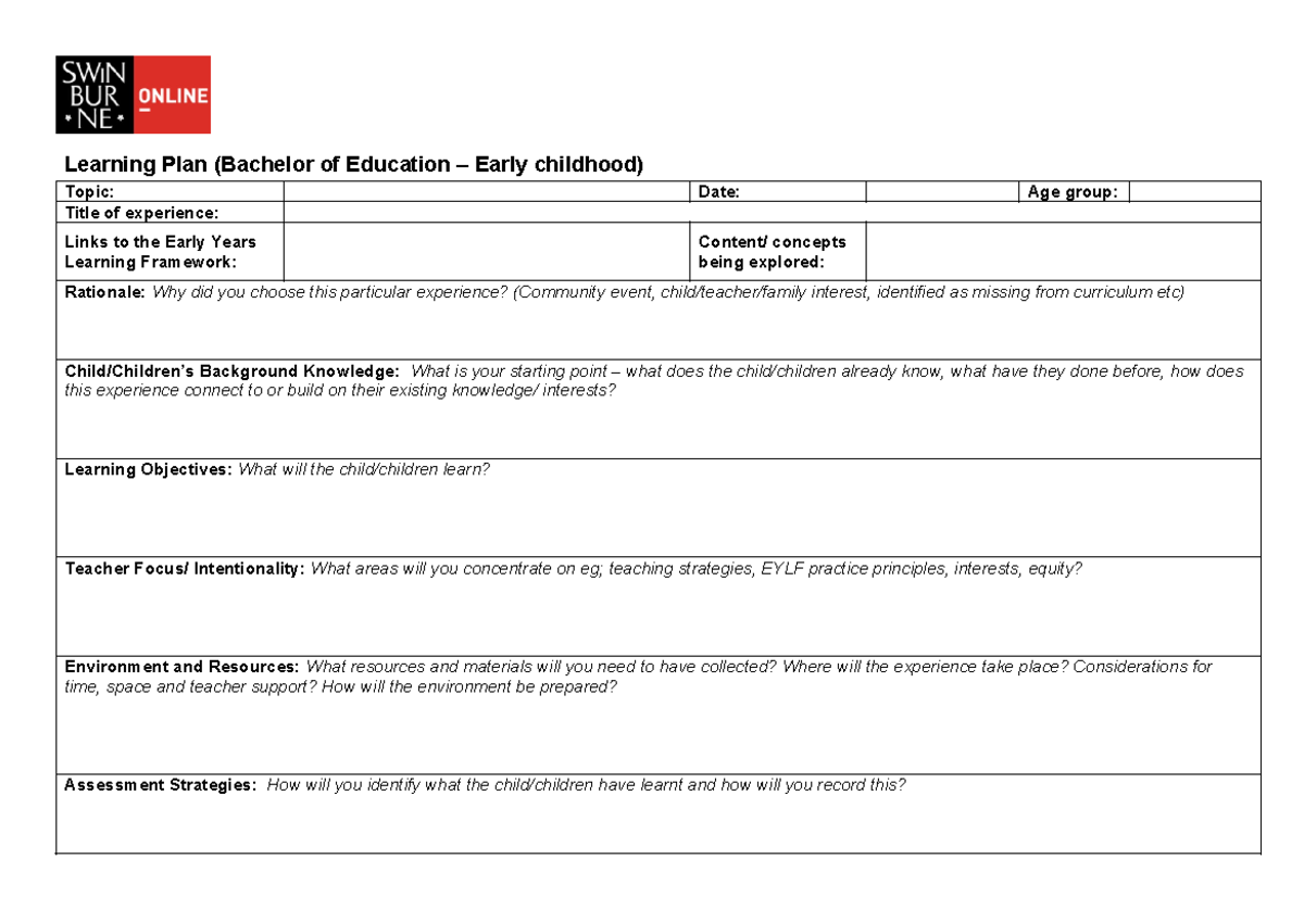 Early Childhood Lesson-Plan-Template-2024 - Learning Plan (Bachelor of ...