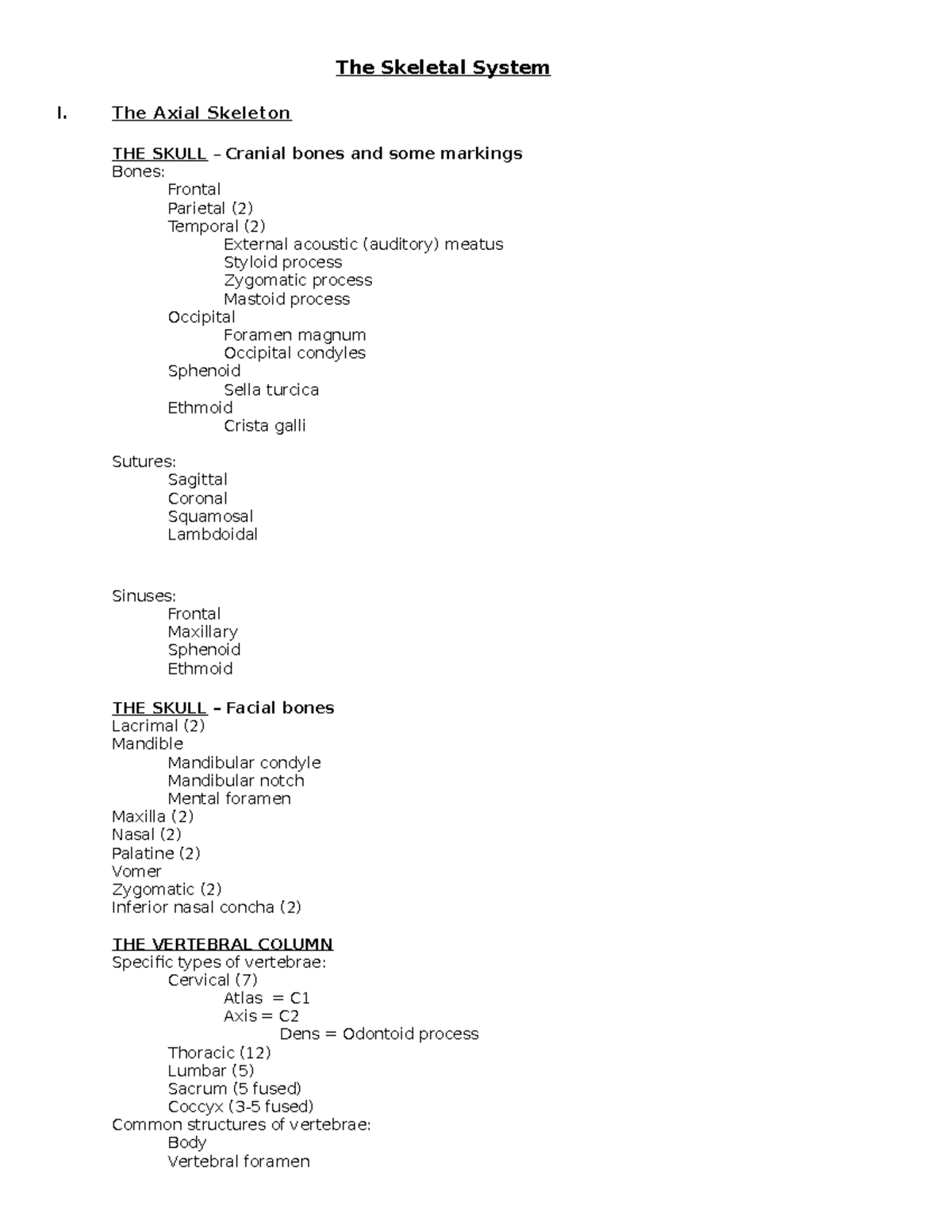 A&P I lab bones study guide - The Skeletal System I. The Axial Skeleton ...