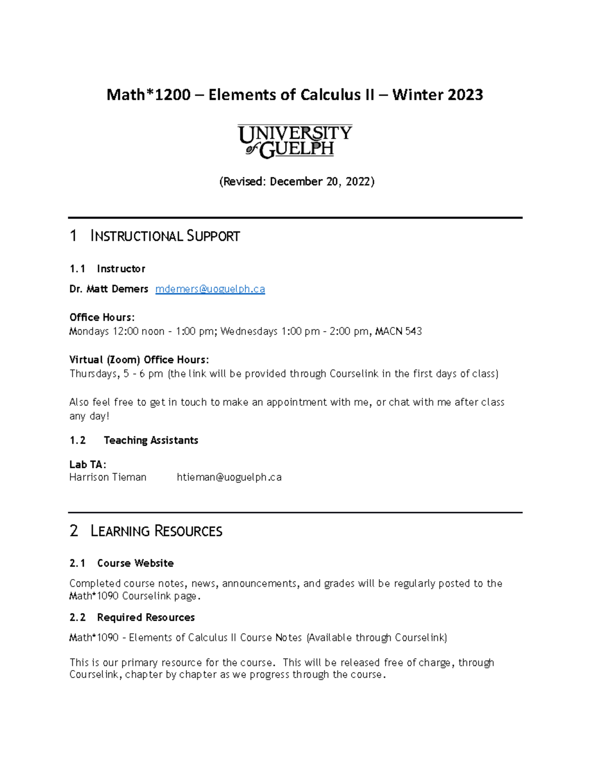 Math1090 - W23 - Course Outline - Math*1200 – Elements of Calculus II ...