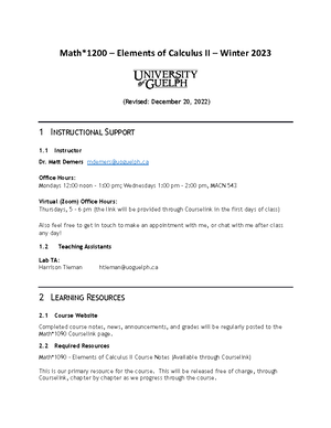 Winter 2023 course outline - MATH*1210 Calculus II Winter 20 23 ...