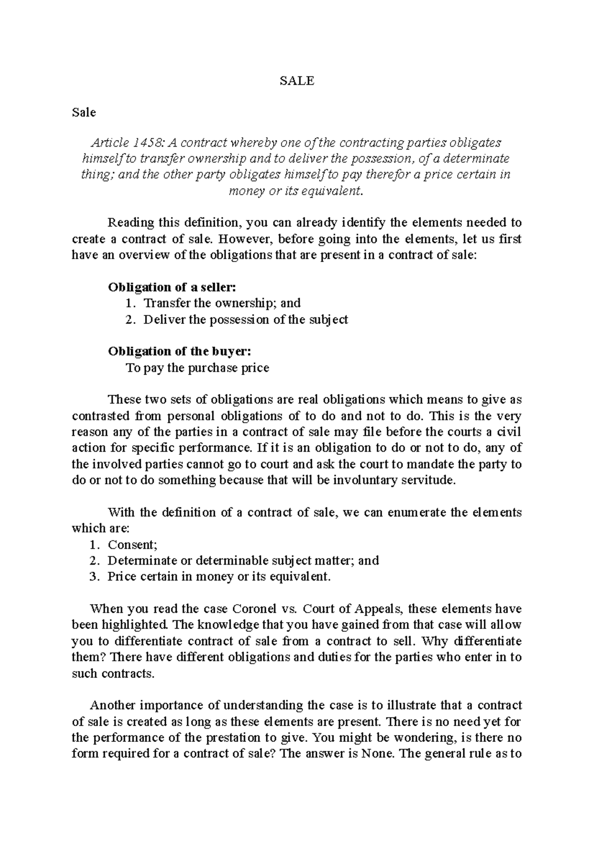 SALE- Definition elements nature form - SALE Sale Article 1458: A ...