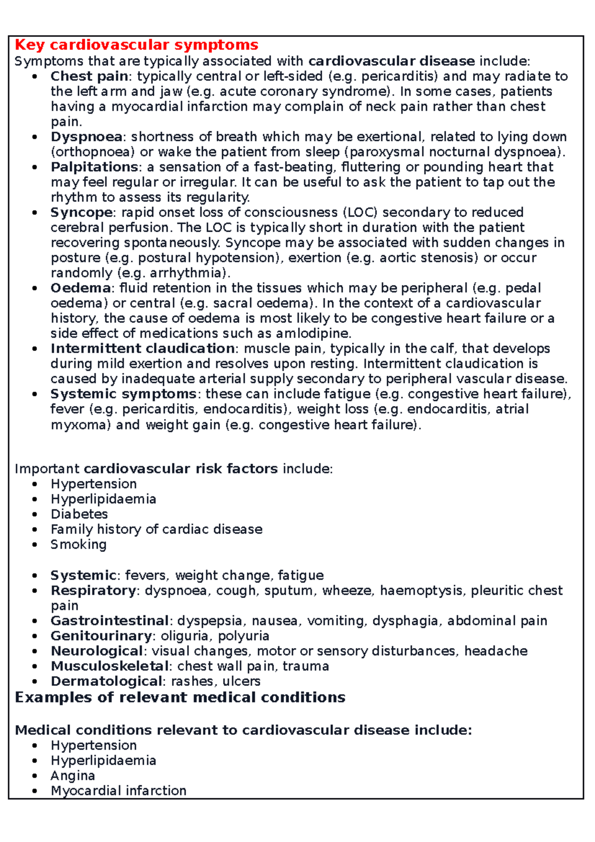 Key Symptoms - Key cardiovascular symptoms Symptoms that are typically ...