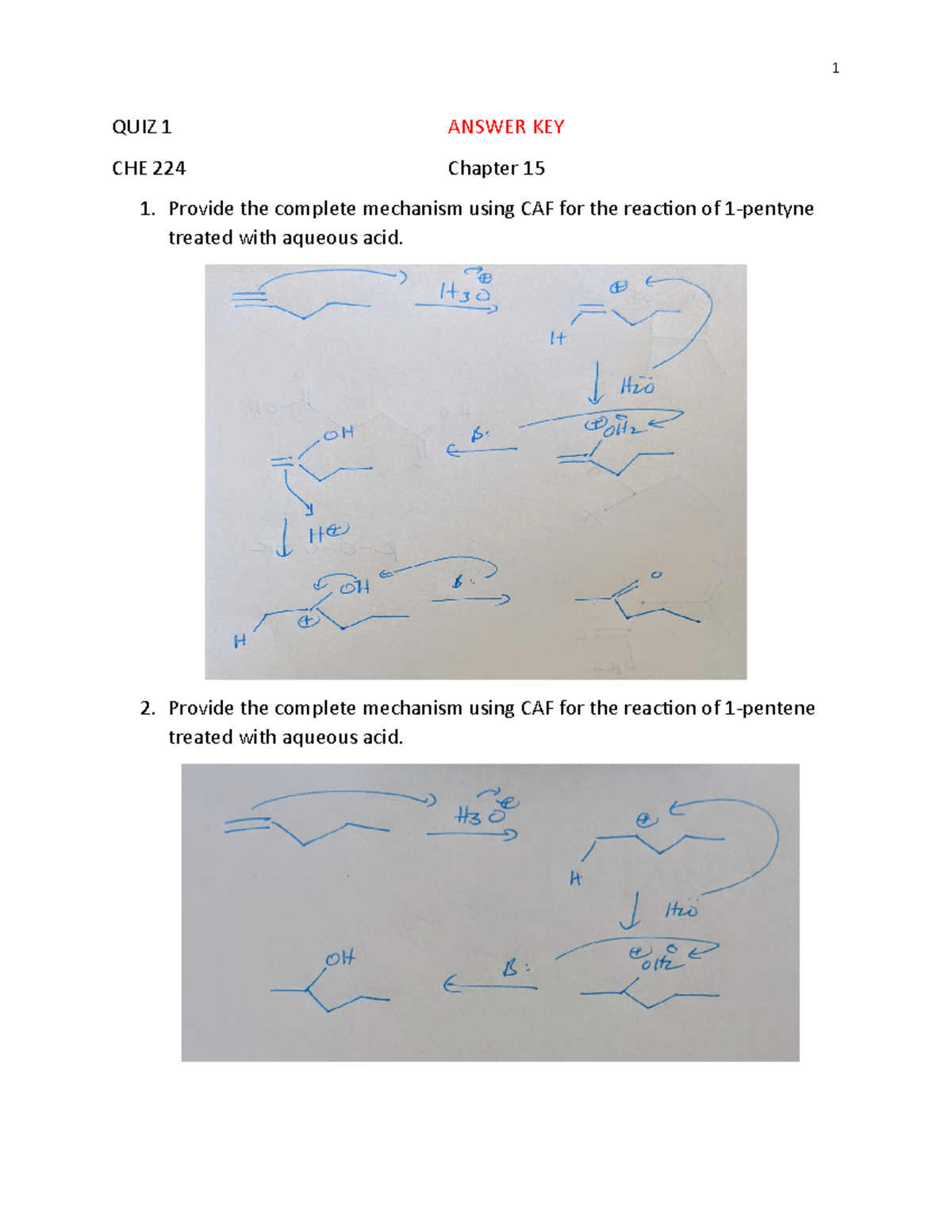 Answer Key Ch 15 Quiz - 1 QUIZ 1 ANSWER KEY CHE 224 Chapter 15 Provide ...