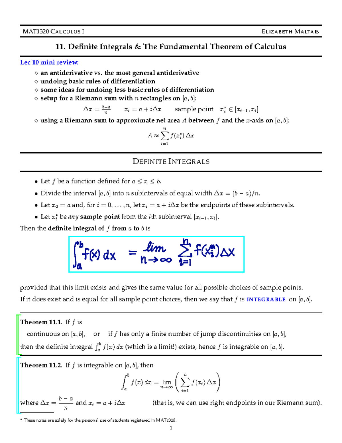 Definite Integrals and Fundamental Theorem of Calculus 1 & 2 - 1320 - uOttawa - Studocu