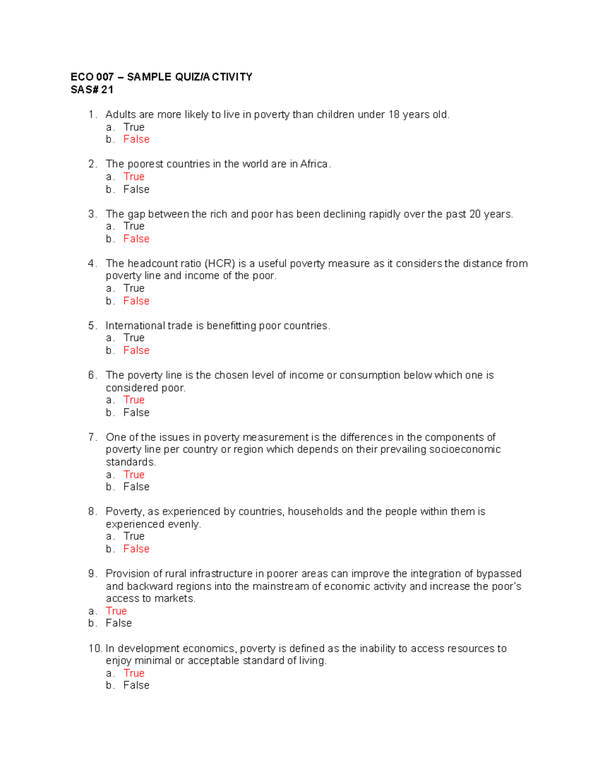 ECO 007 – Sample QUIZ, Activity SAS # 21 - ECO 007 – SAMPLE QUIZ ...
