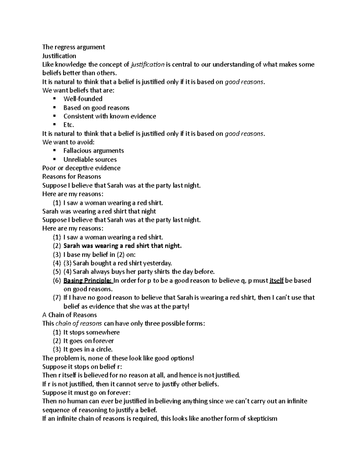 The regress argument - notes - The regress argument Justification Like ...