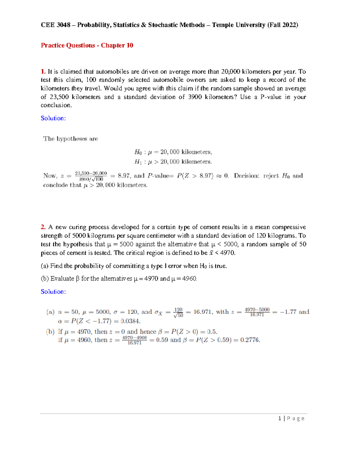 CEE 3048 Practice Qs Chapter 10 - CEE 3048 – Probability, Statistics ...