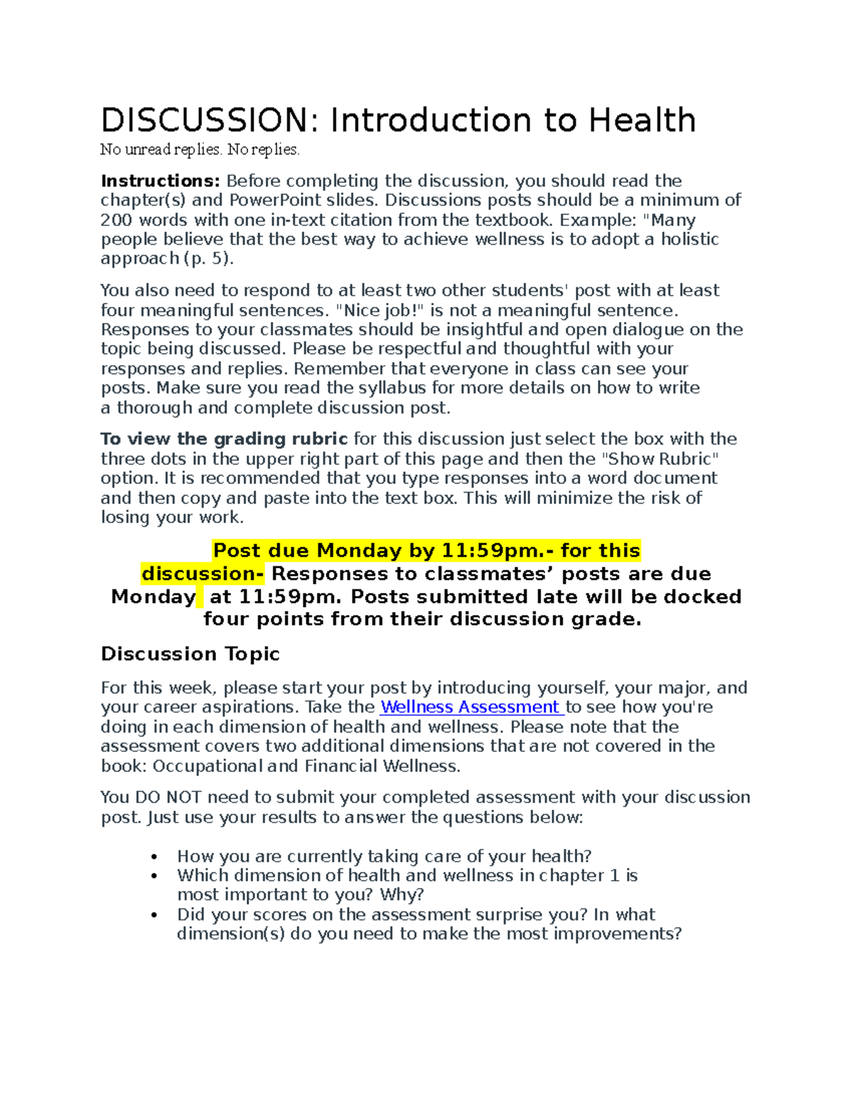 Health 100- Discussion 1 - DISCUSSION: Introduction to Health No unread ...