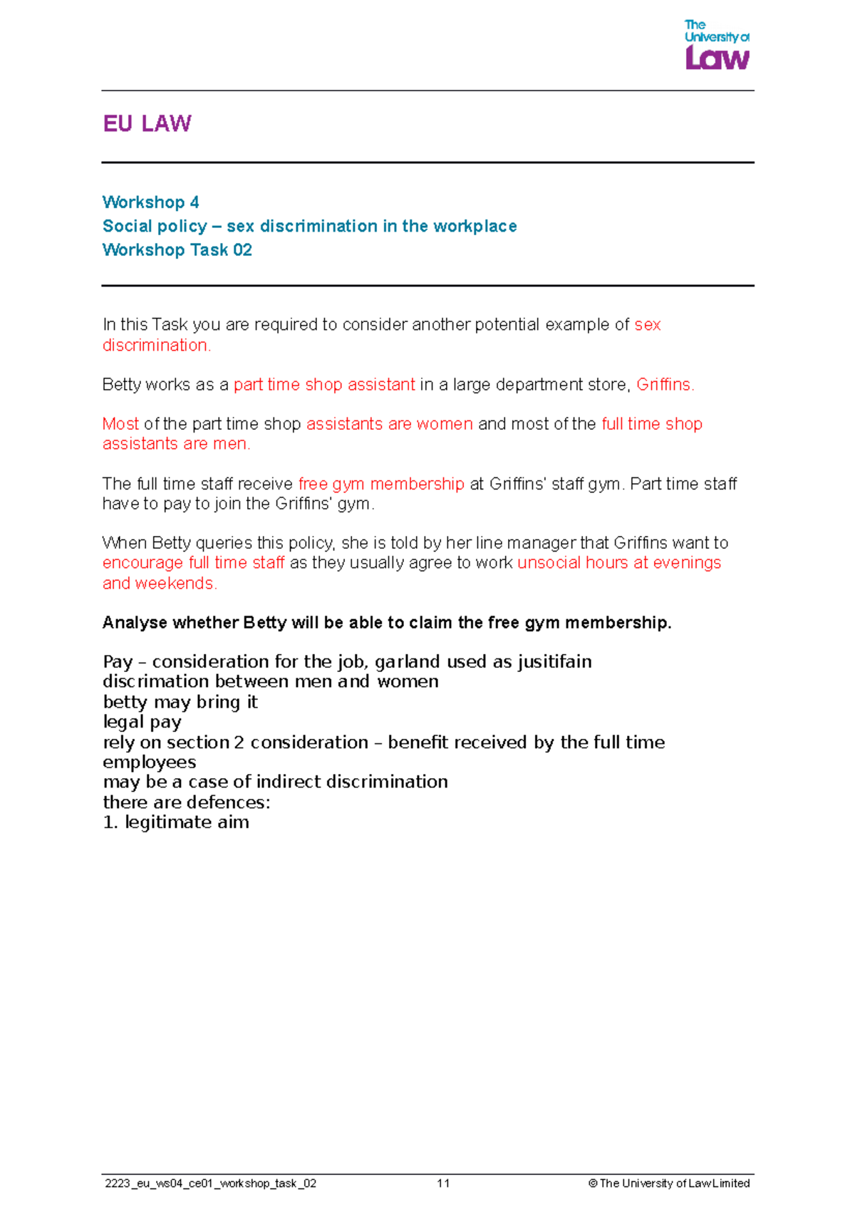 EU LAW 2 - lecture notes - EU LAW Workshop 4 Social policy – sex ...