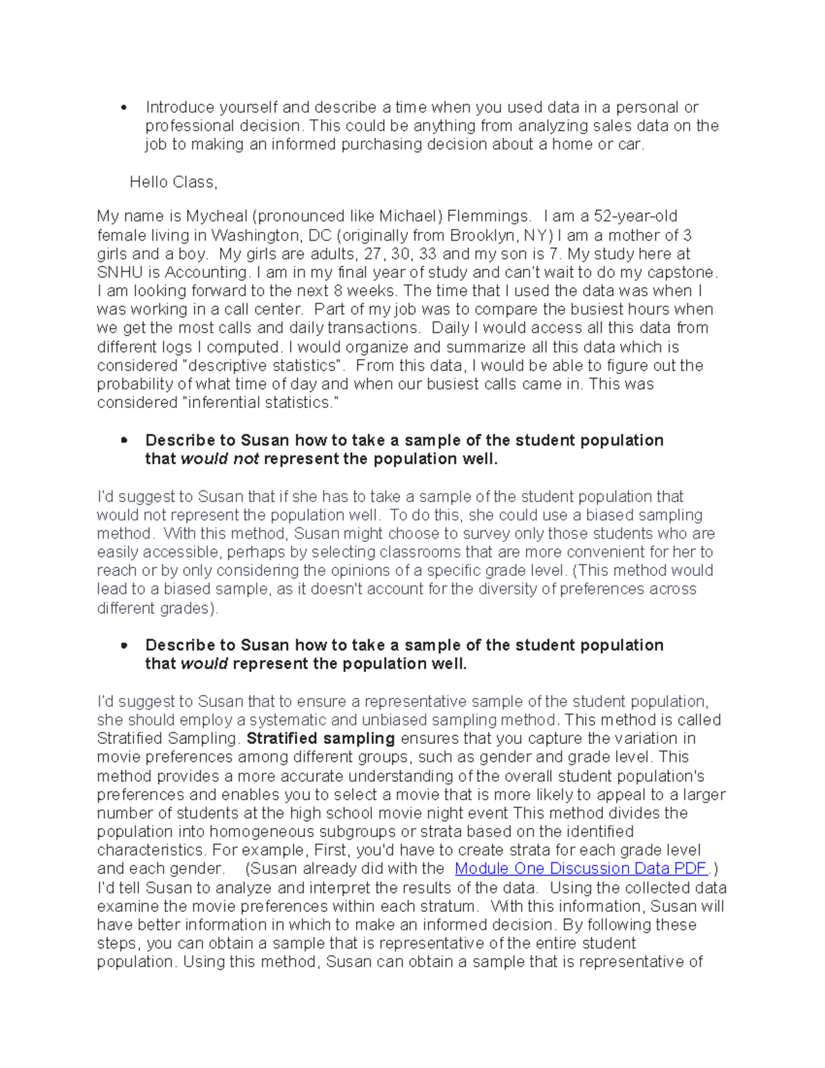 MAT240 1-1 Discussion Population, Samples, and Bias - Introduce yourself and describe a time ...