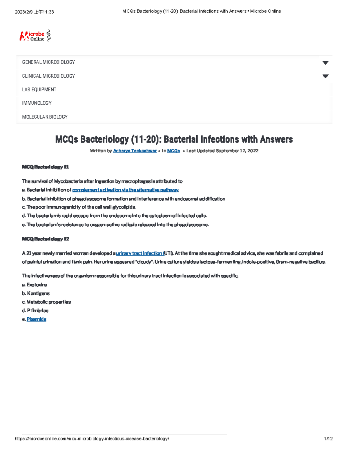 MCQs Bacteriology (11-20) Bacterial Infections with Answers • Microbe ...