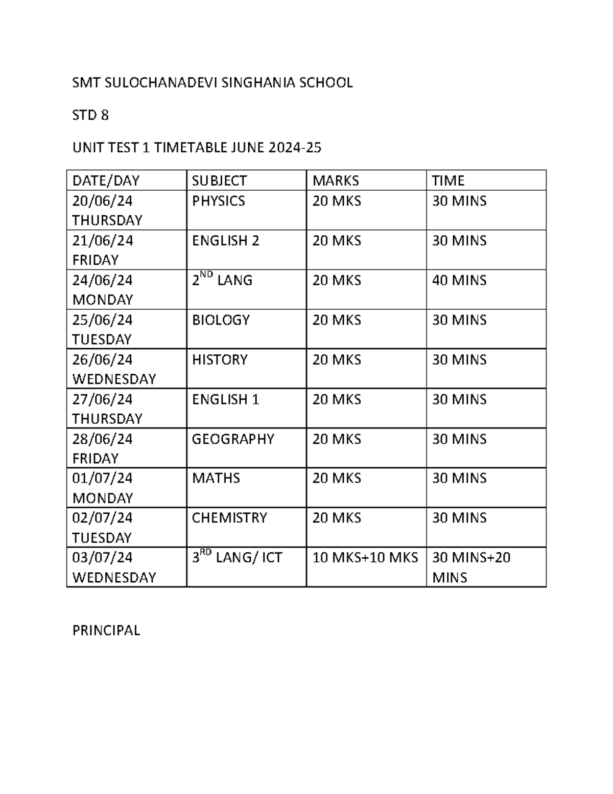 STD8-UNIT TEST1 Timetable 20245-25 - SMT SULOCHANADEVI SINGHANIA SCHOOL ...