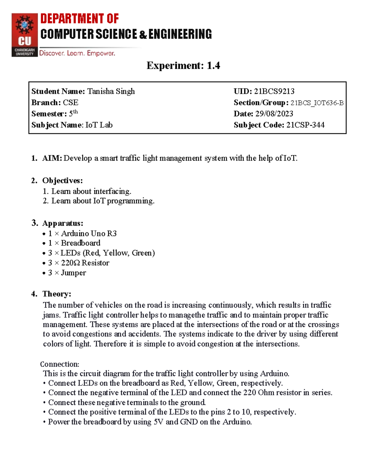 Tanisha 1.4 IOT - DEPARTMENT OF COMPUTER SCIENCE & ENGINEERING Experiment: 1. Student Name ...