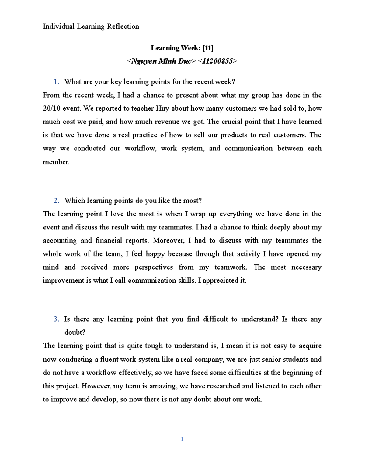 Week-11 - individual assignment - Individual Learning Reflection ...