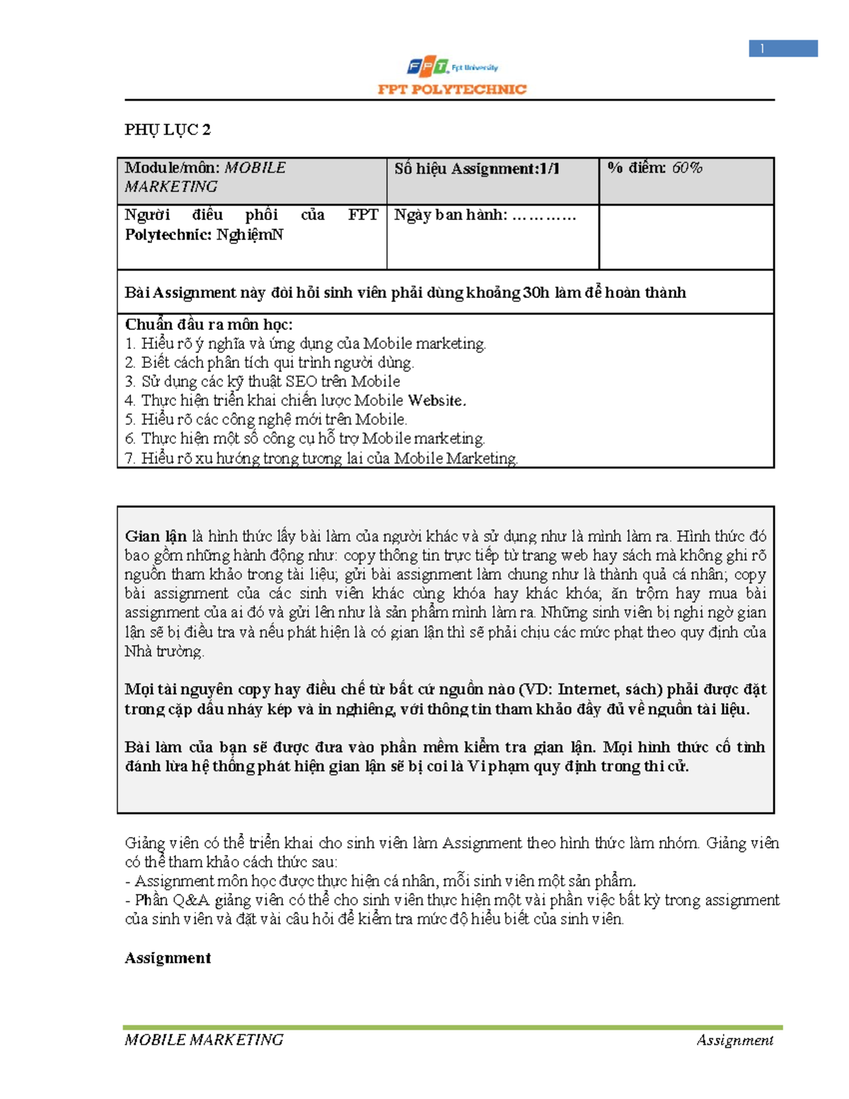 DOM201 Mobile Marketing Assignment - PHỤ LỤC 2 Module/môn: MOBILE ...
