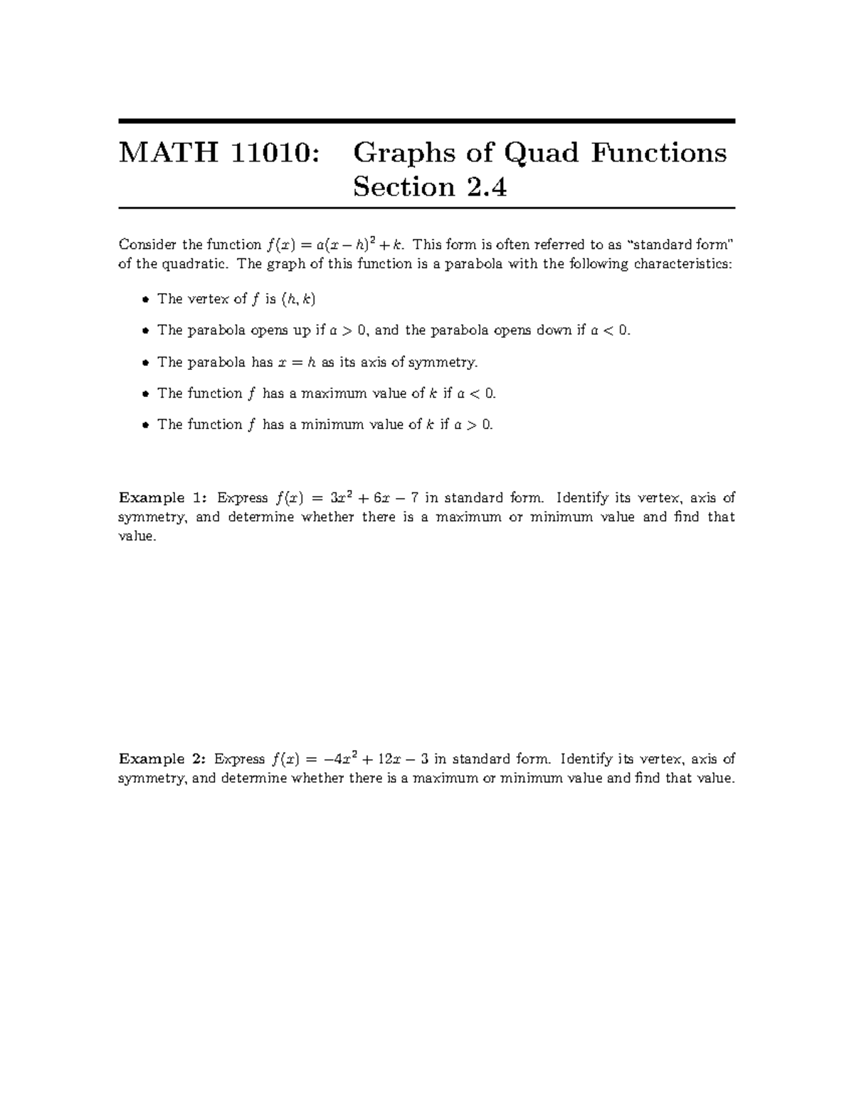 Graphs Of Quad Functions - Section 2. Consider the functionf(x) =a(x−h ...