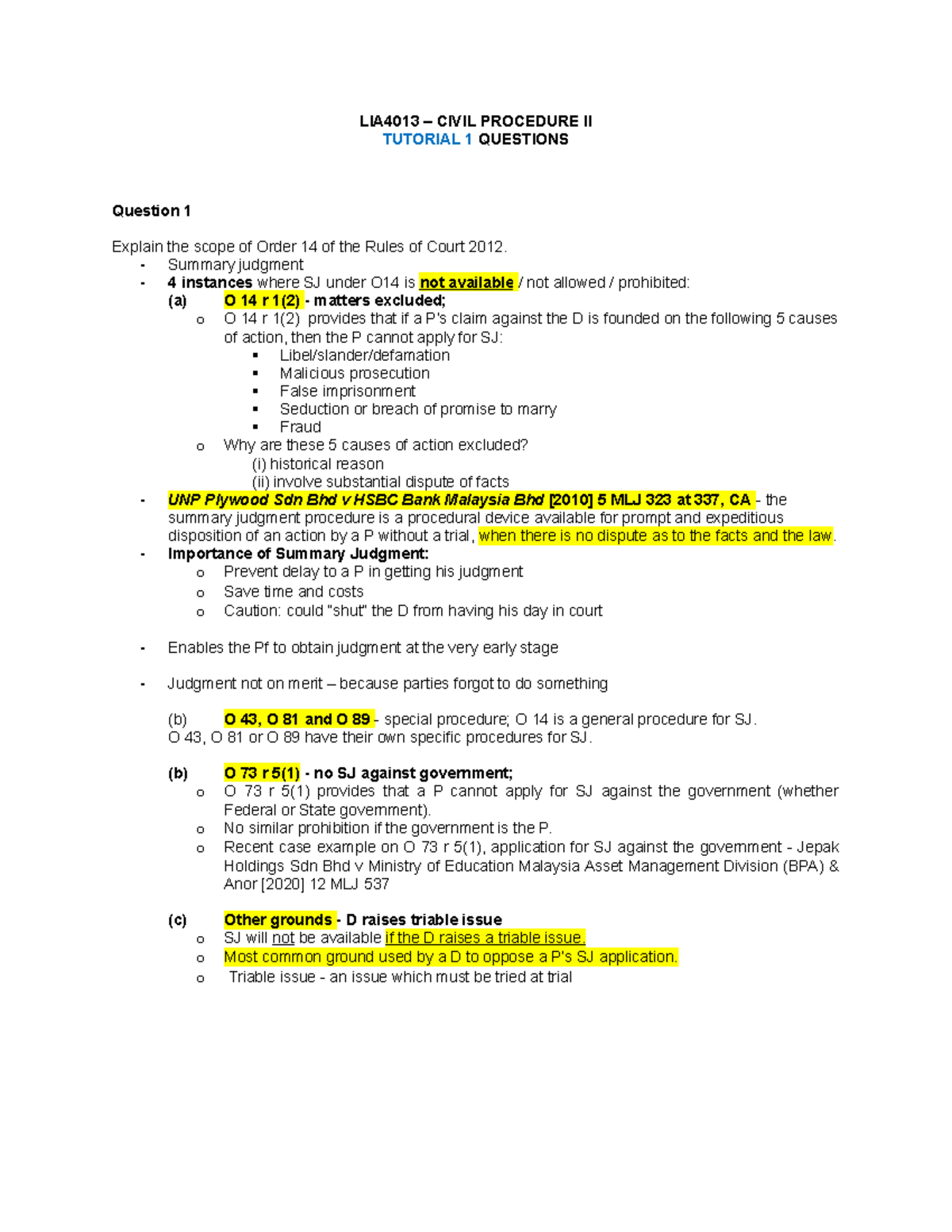 Tutorial 1 Questions - LIA4013 – CIVIL PROCEDURE II TUTORIAL 1 ...