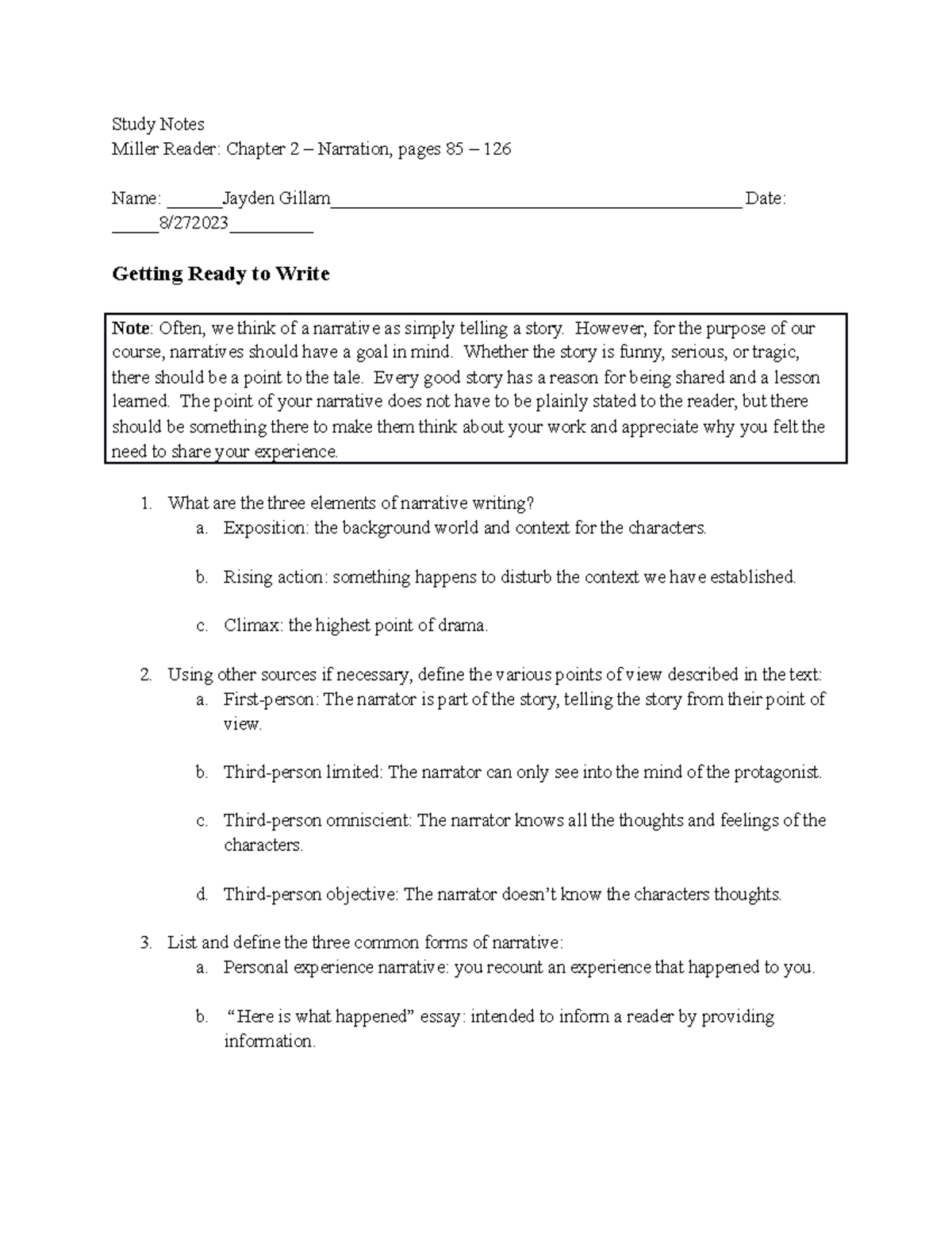 W2 - 02 Chapter 2, Narration - Study Notes Miller Reader: Chapter 2 ...