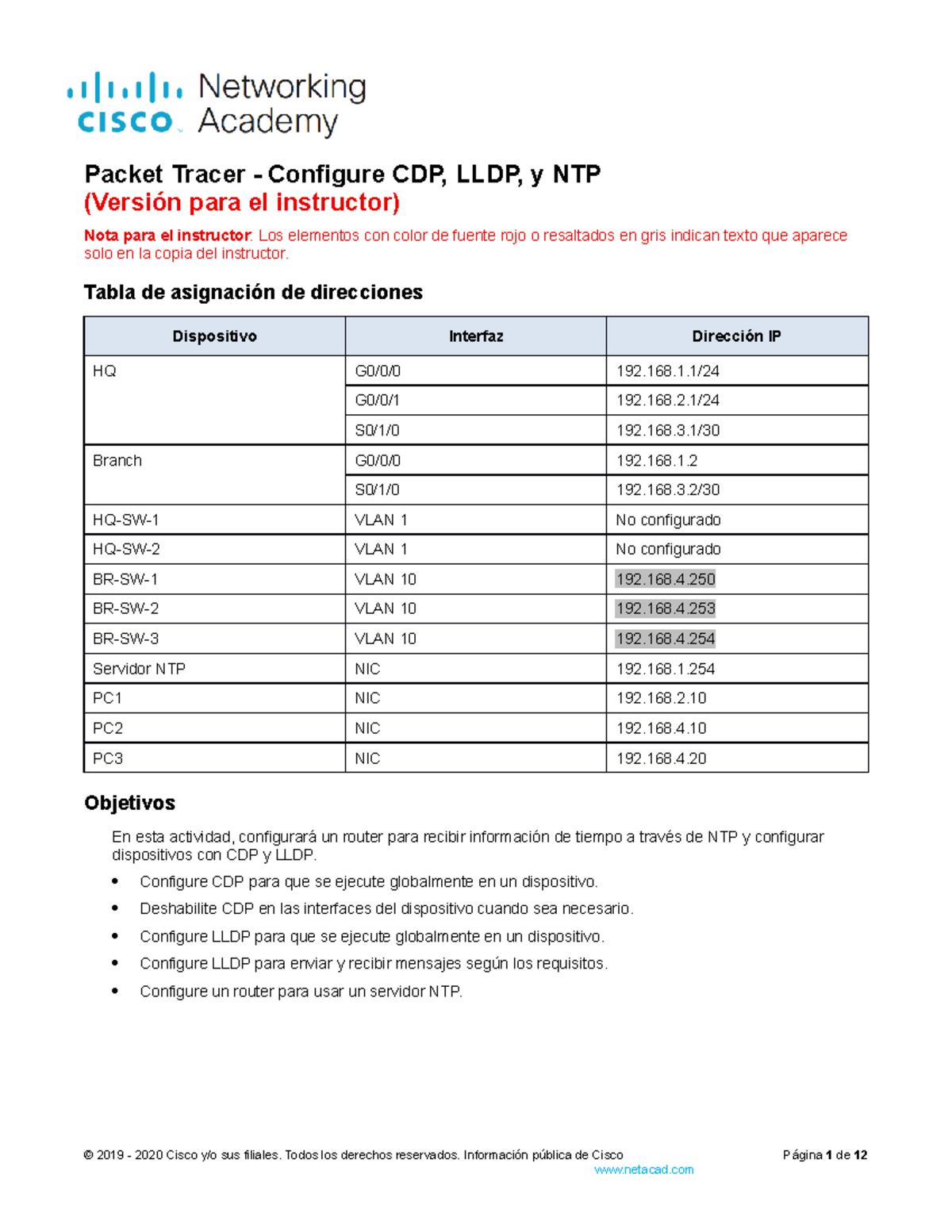 10.8.1 Packet Tracer - Configure CDP, LLDP, and NTP - ILM - (Versión para el instructor) Nota ...