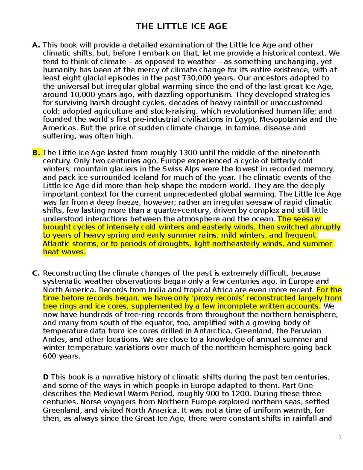 Reading.WEEK 1 - Reading - THE LITTLE ICE AGE A. This book will provide ...