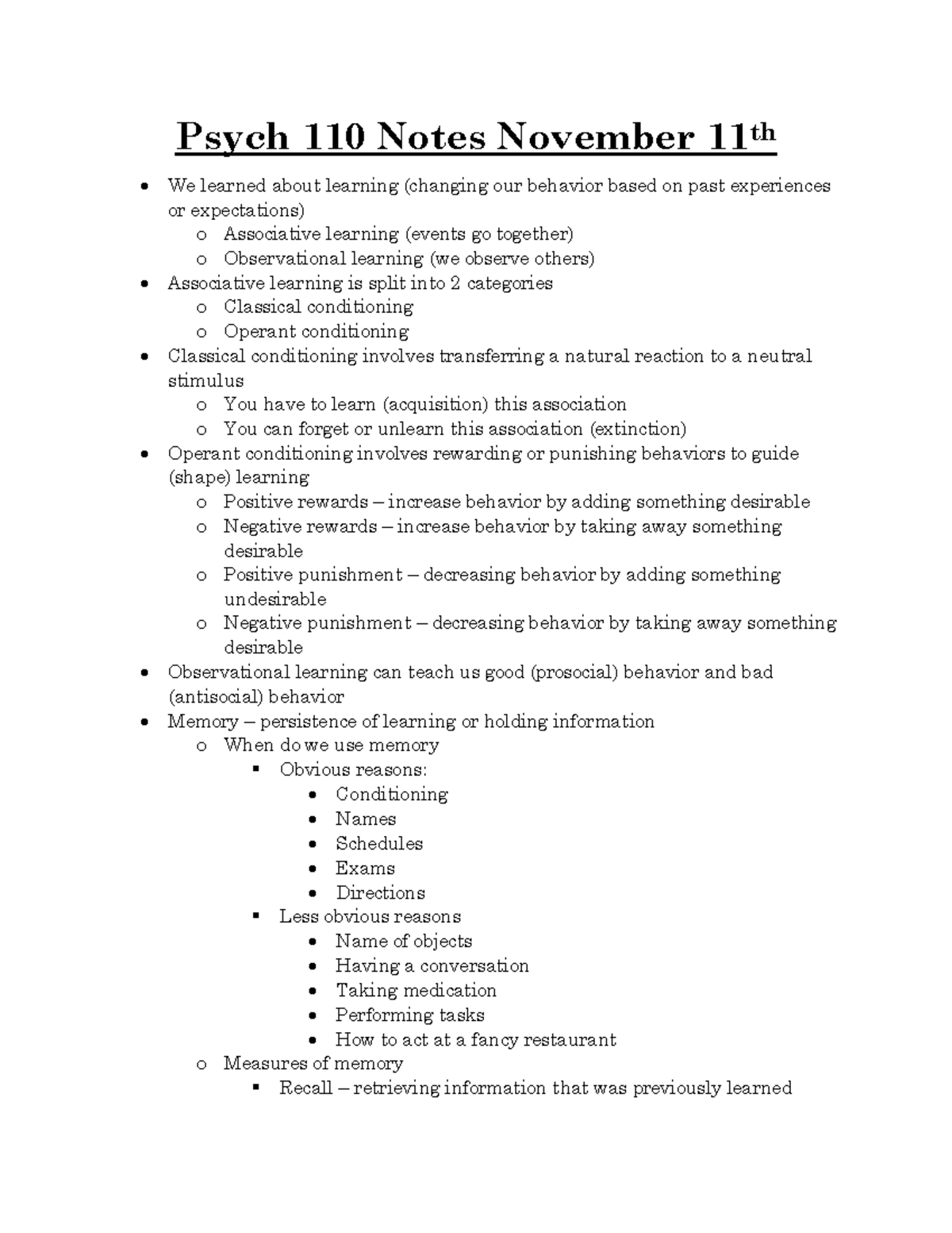 Psych 110 Notes November 11th - ) o Short-term vs. working memory ...