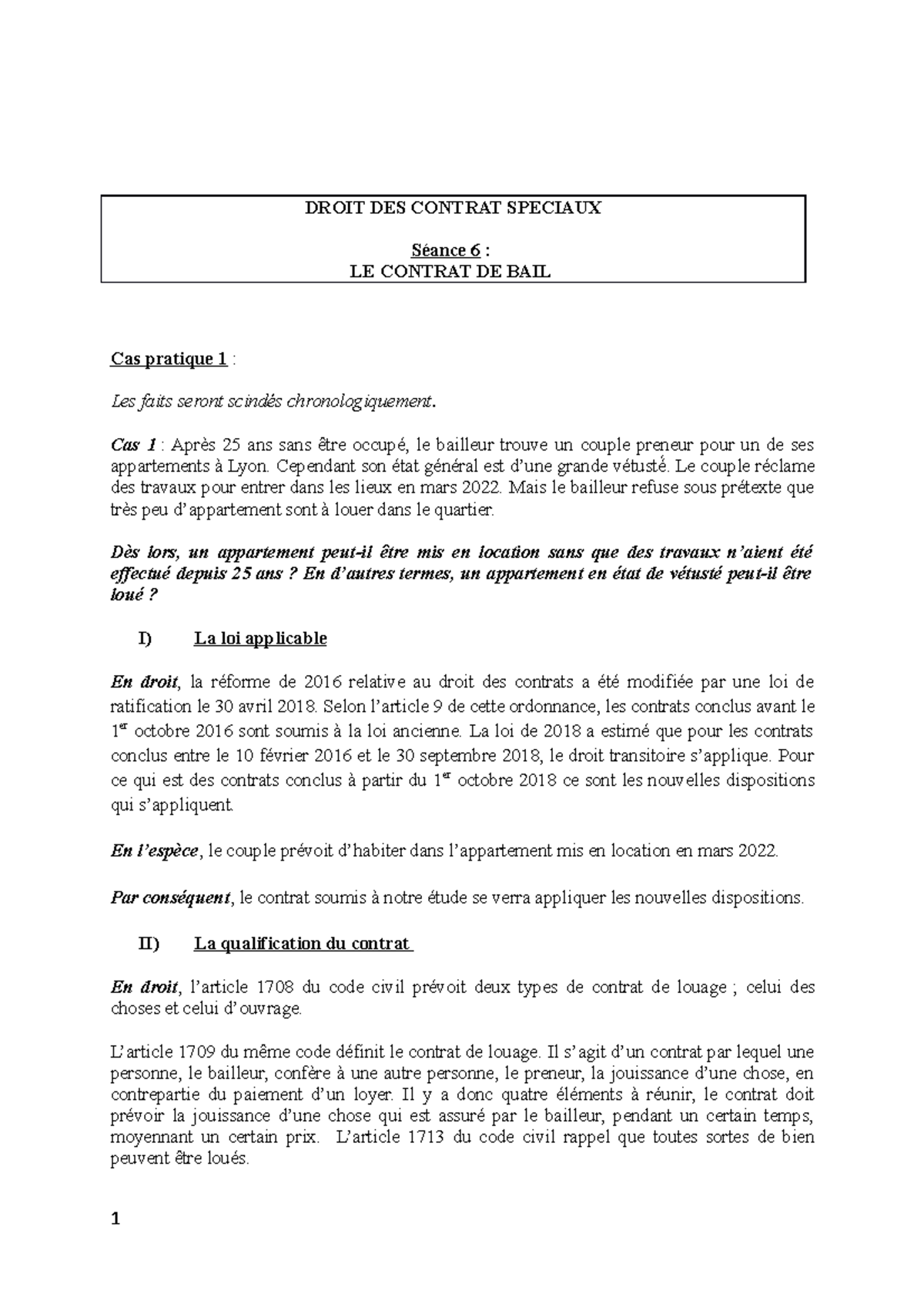 CP Contrat de bail - DROIT DES CONTRAT SPECIAUX Séance 6 : LE CONTRAT ...