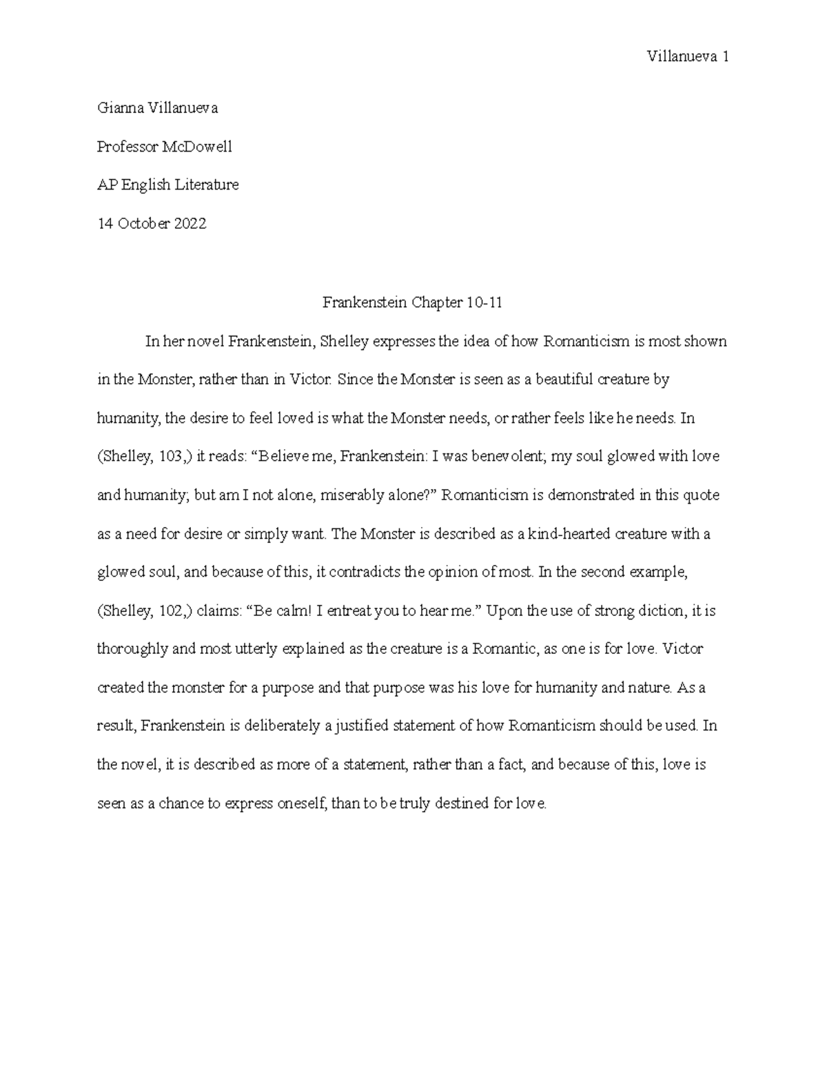 Frankenstein Chapter 10-11 - Villanueva 1 Gianna Villanueva Professor ...