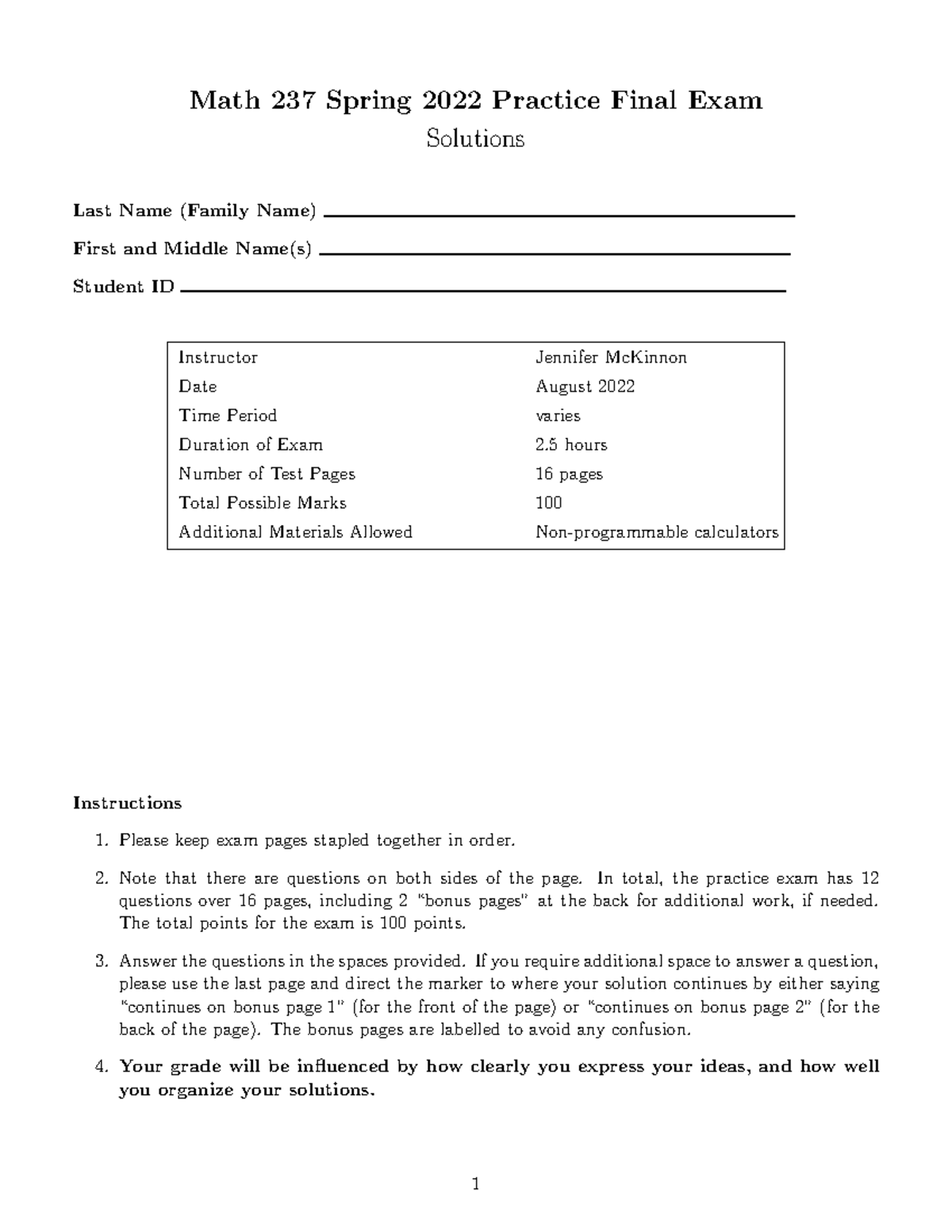 Math237S22Practice Final Sol - Math 237 Spring 2022 Practice Final Exam ...