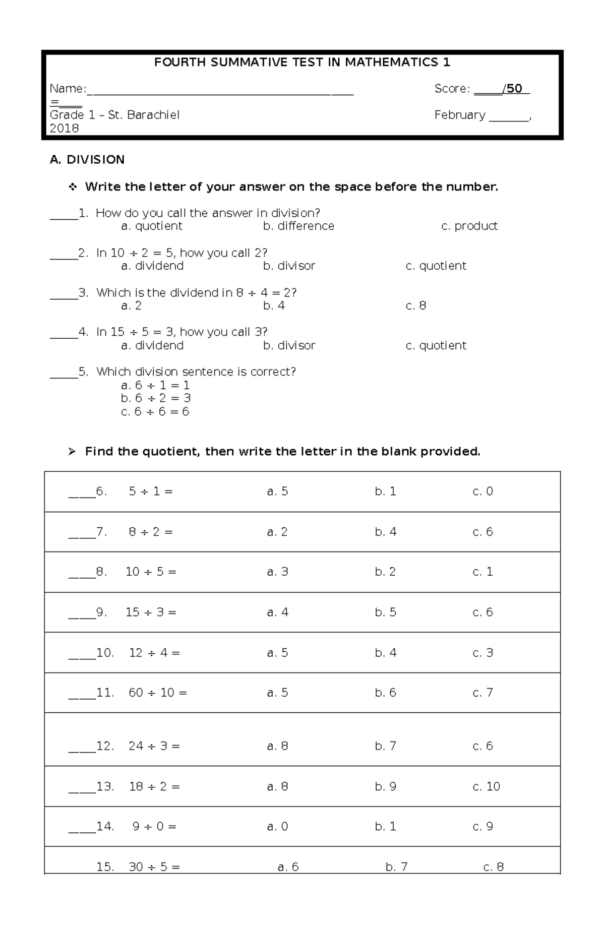 Math 1 - FOURTH SUMMATIVE TEST IN MATHEMATICS 1 Name