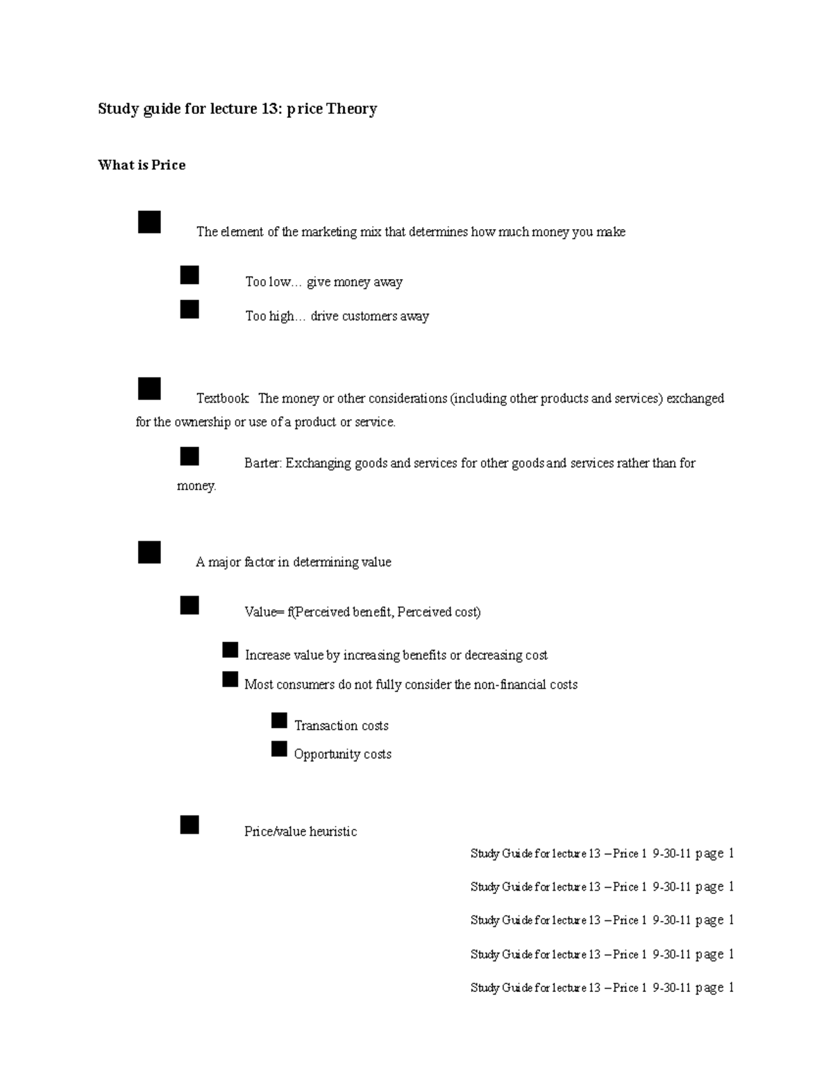 Study Guide for Lecture 13 - Price I Theory - Study guide for lecture ...