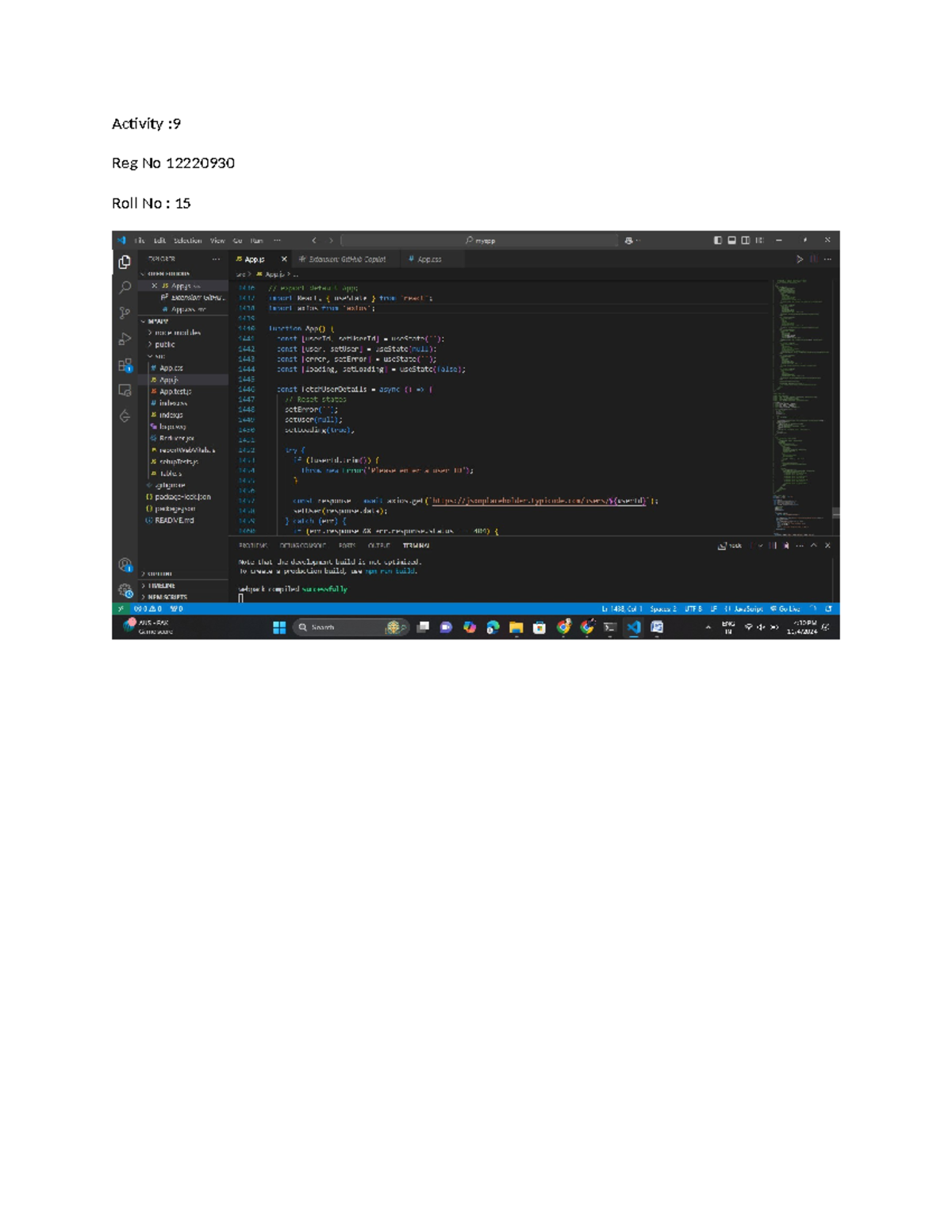 12220930 Activity 9 - sdfghj - Activity :9 Reg No Roll No : 15 File Edit Selection View Go Run a ...