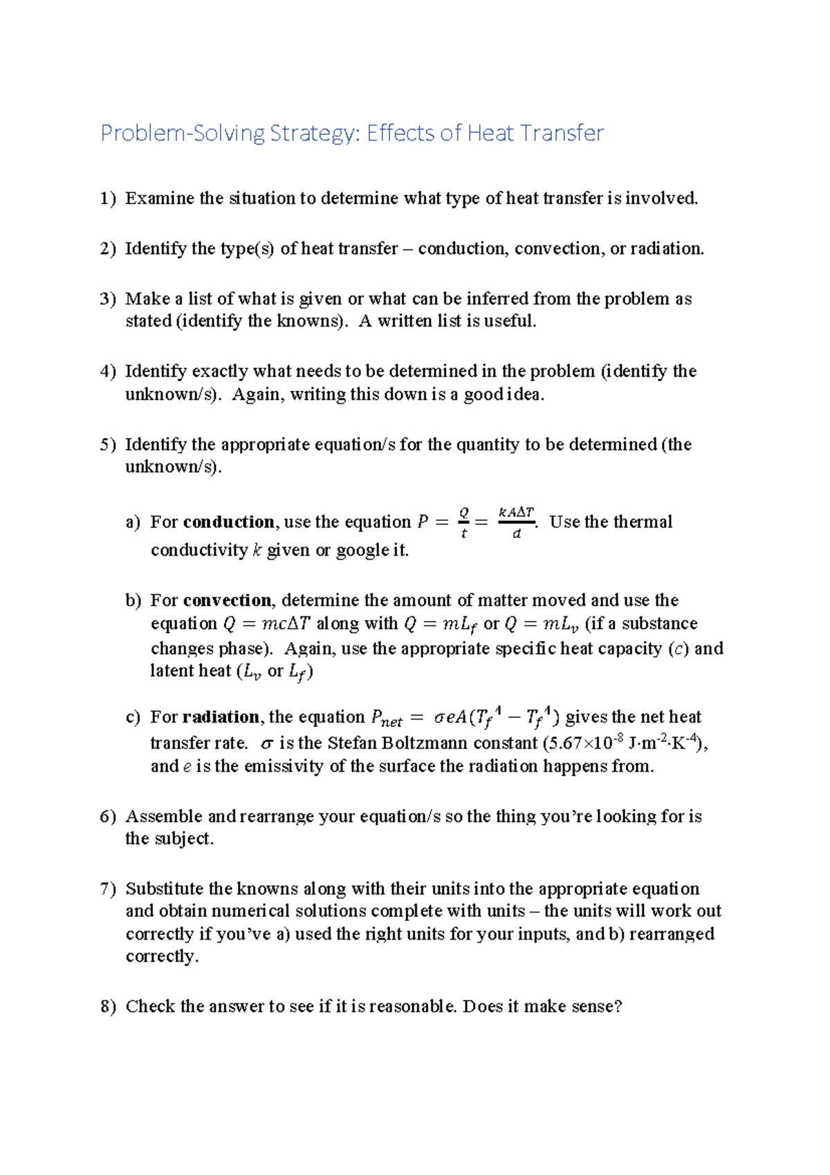 Workshop 17 Conduction and Convection - Problem-Solving Strategy ...