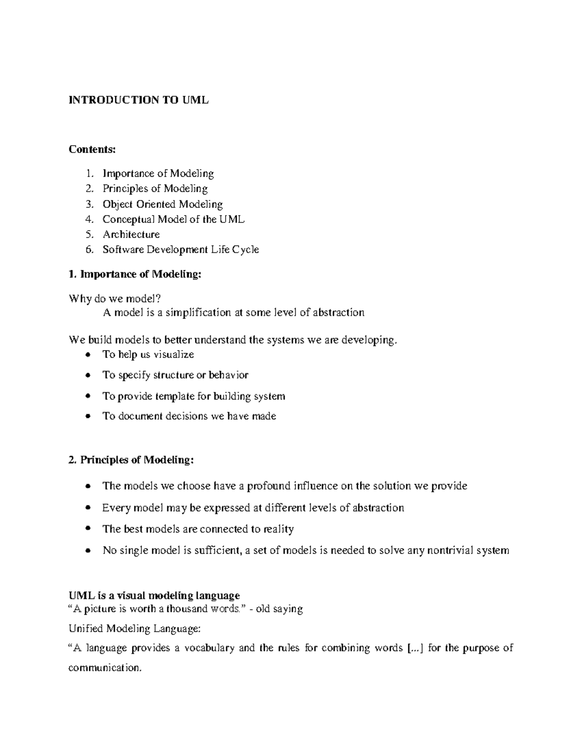 Introduction TO UML - uml - INTRODUCTION TO UML Contents: Importance of Modeling Principles of ...