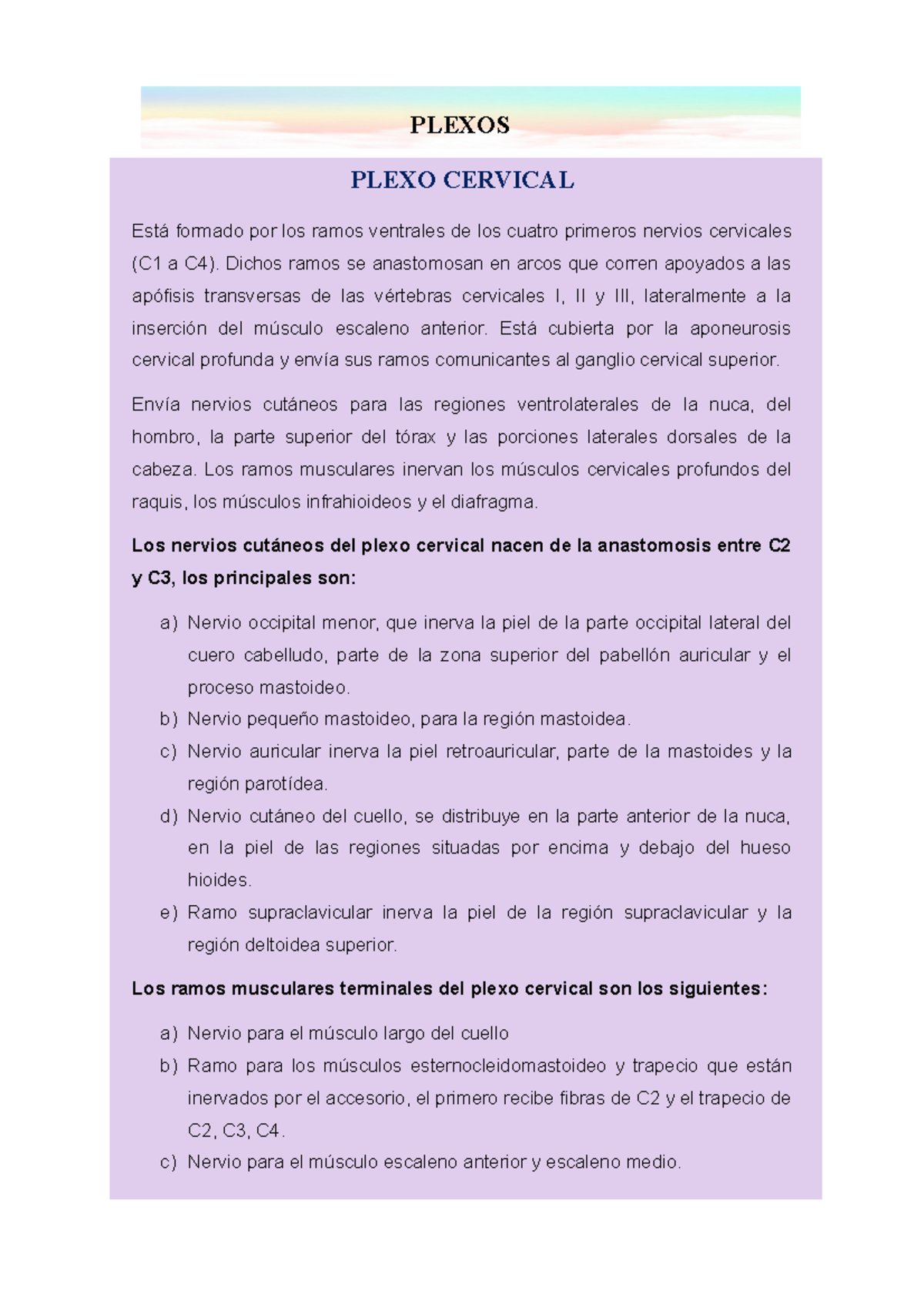 Plexos nerviosos y notas clinicas - PLEXOS PLEXO CERVICAL Está formado por los ramos ventrales ...