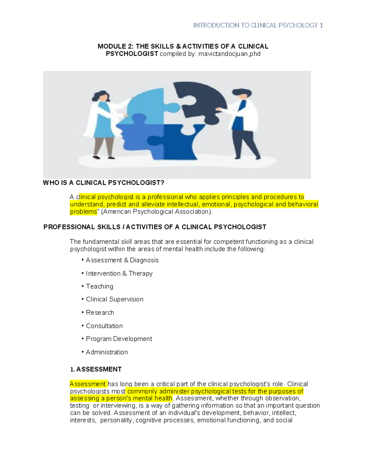Module 2 who is the clin psy - INTRODUCTION TO CLINICAL PSYCHOLOGY 1 MODULE 2: THE SKILLS ...