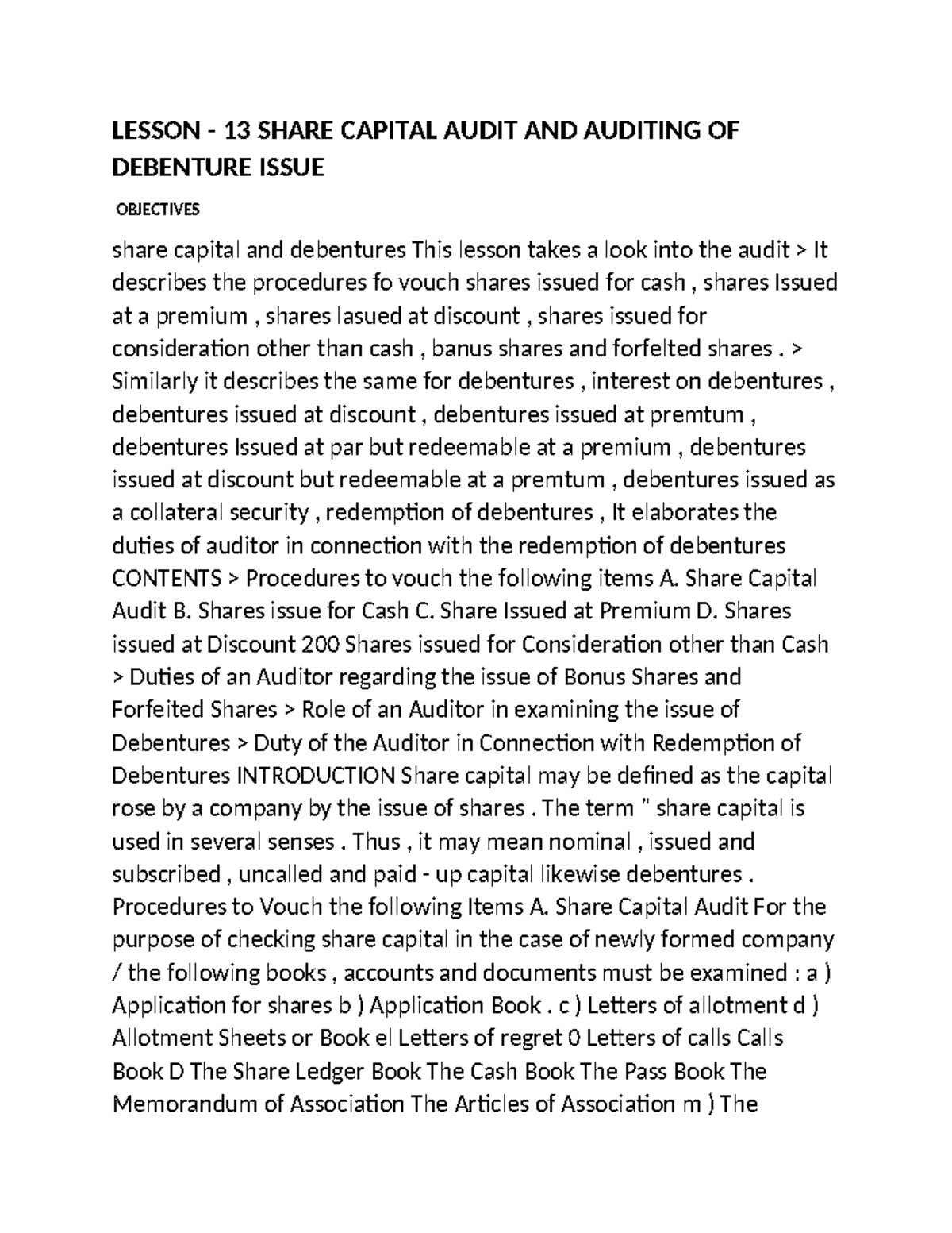 Share Capital Audit AND Auditing OF Debenture Issue - LESSON - 13 SHARE CAPITAL AUDIT AND ...