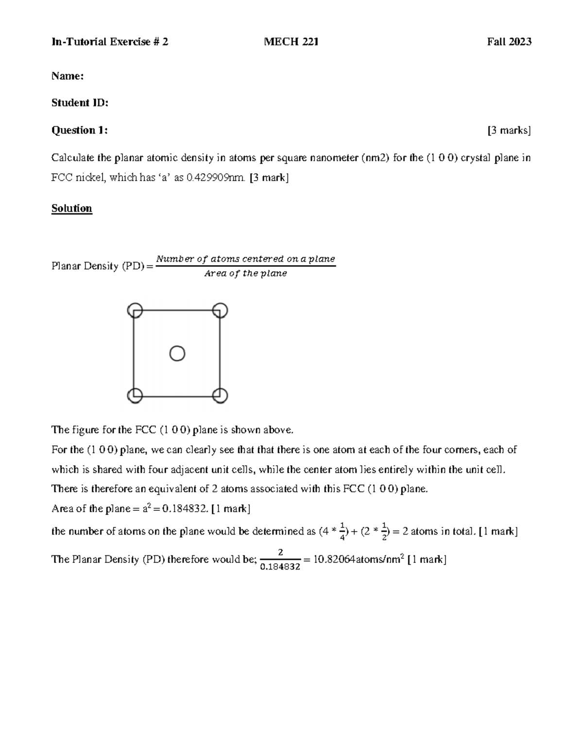 In-tutorial exercise #2 with solution-Rev. 2 - In-Tutorial Exercise # 2 MECH 221 Fall 2023 Name ...