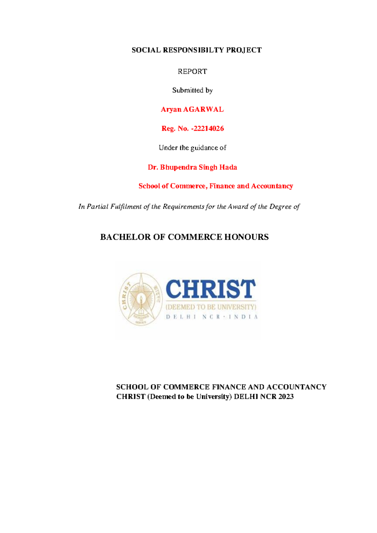 Report ON NGO - sip - SOCIAL RESPONSIBILTY PROJECT REPORT Submitted by ...