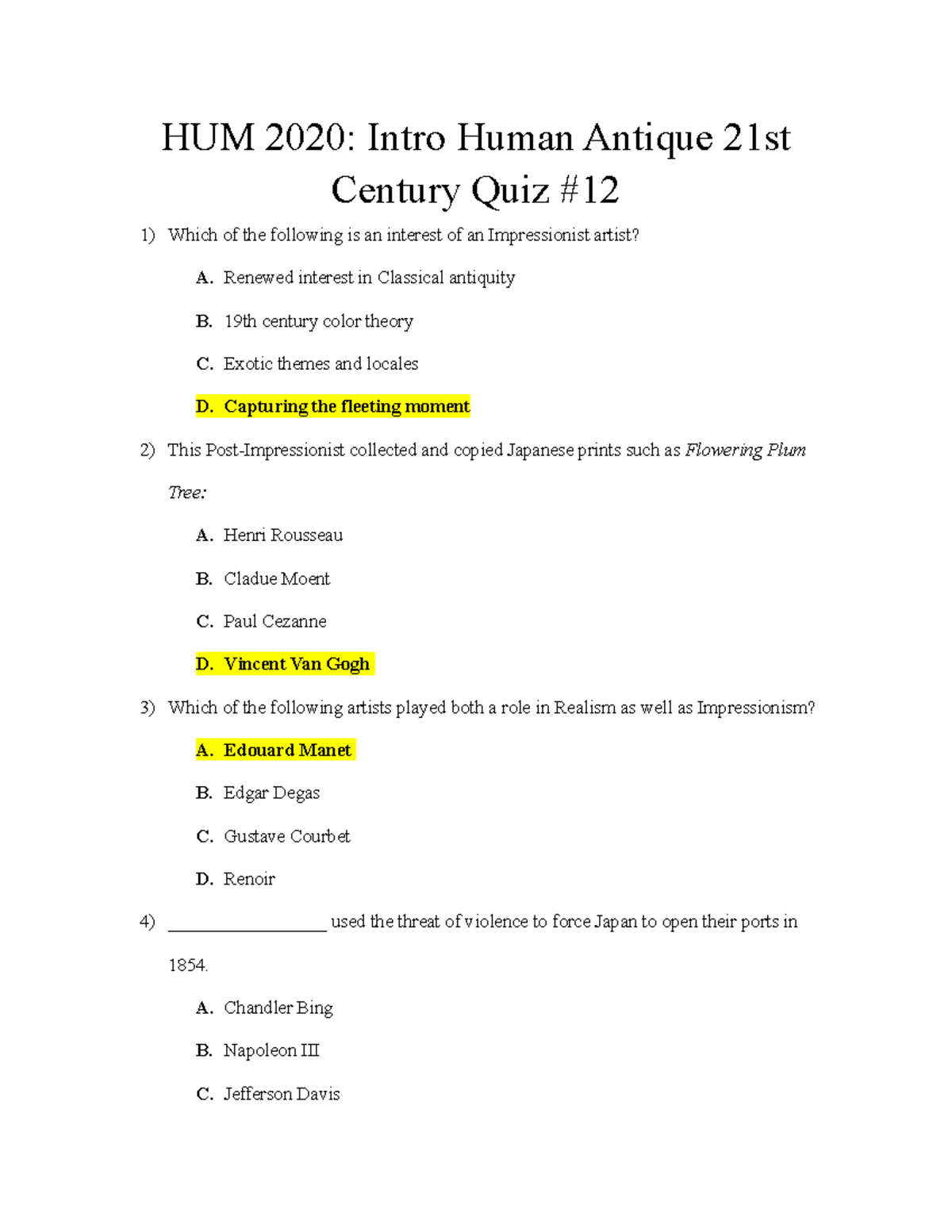 HUM 2020 Intro Human Antique 21st Century Quiz #12 - HUM 2020: Intro ...
