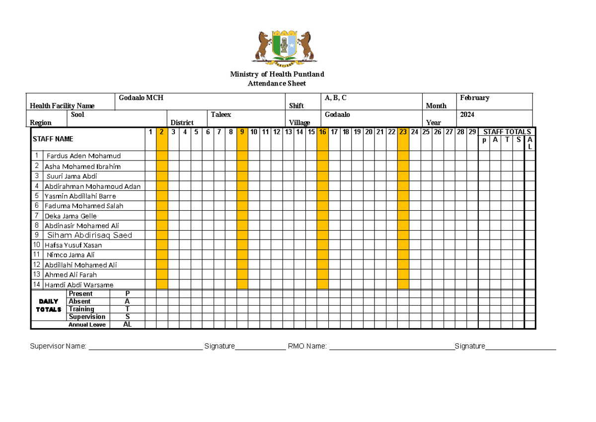 Monthly Attendance Forms (1) - Ministry of Health Puntland Attendance ...