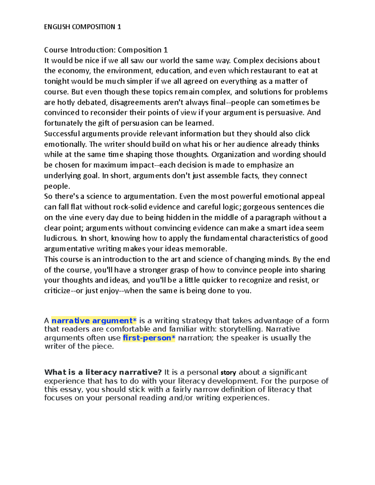 English COMP1 - COMPOSITION NOTES - Course Introduction: Composition 1 ...